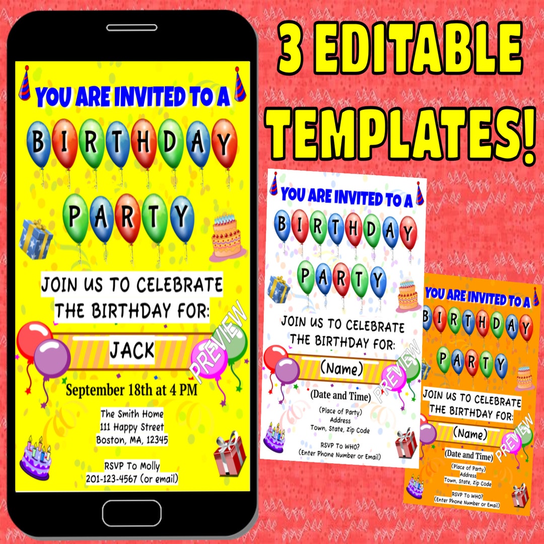 Birthday Party Invitations Three Personalized Editable Templates on ...