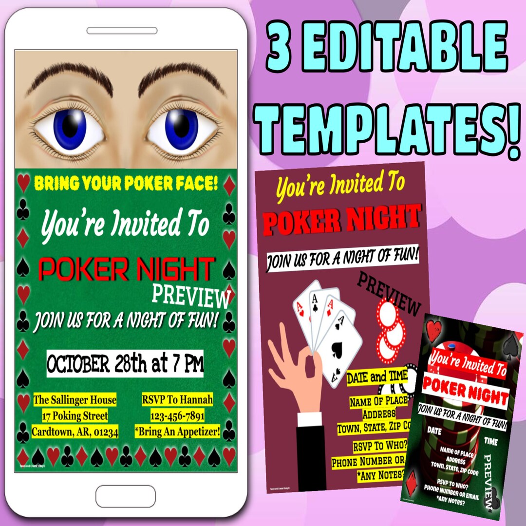 Poker Night Party Invitations- Three Personalized Editable Templates on ...