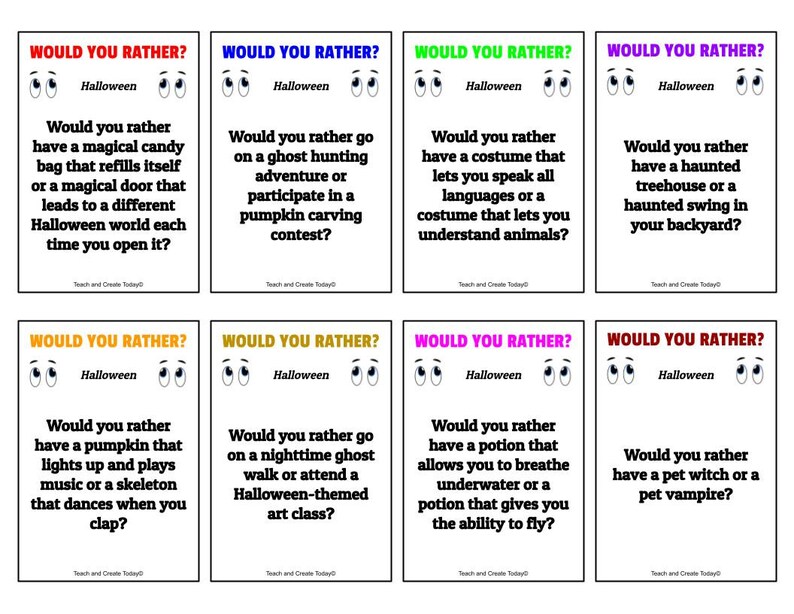 Would You Rather Cards-halloween Edition! Printable 100+ Questions for ...