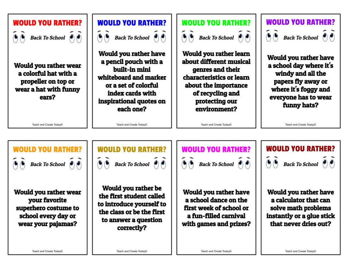 Would You Rather Cards Back to School Edition Printable 100 - Etsy