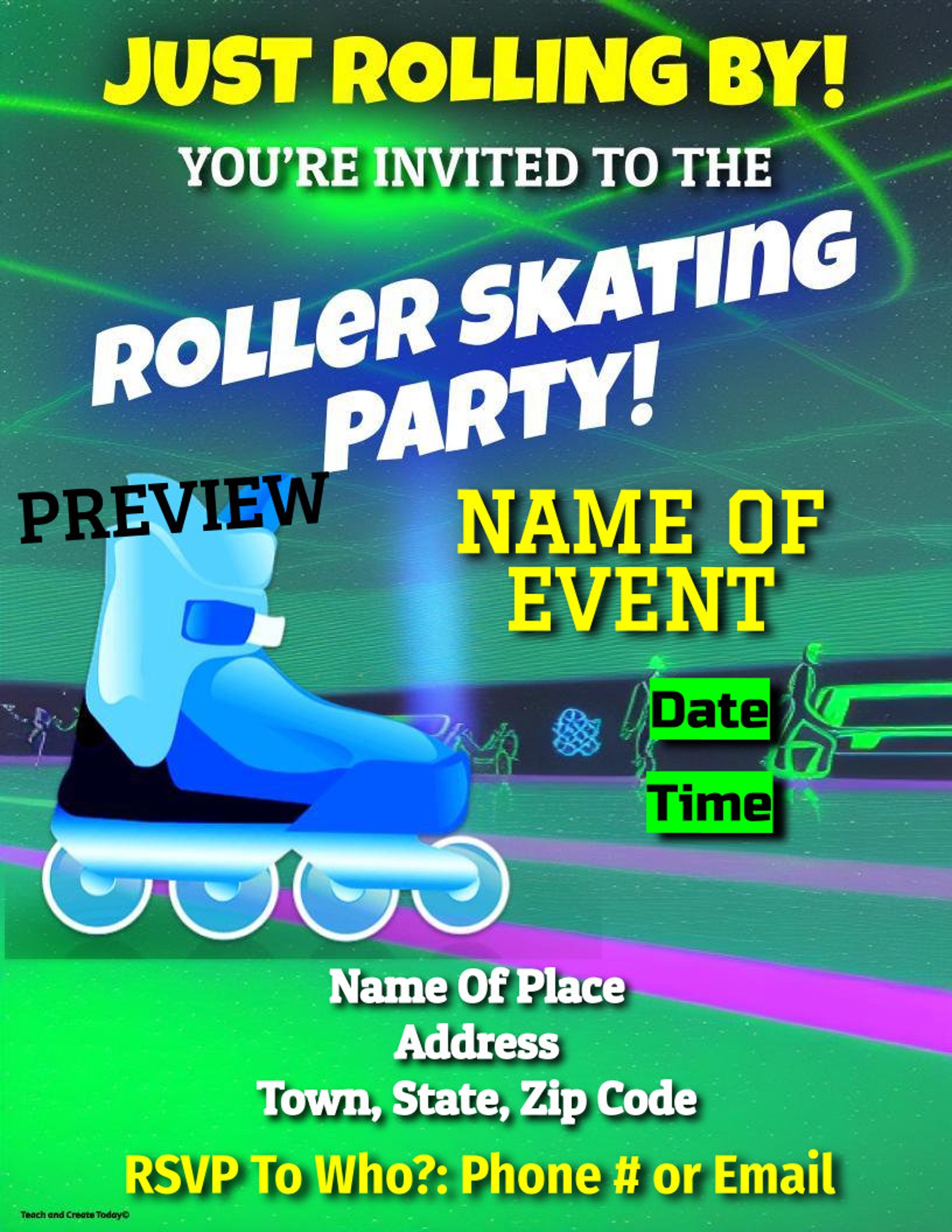 Roller Skating Birthday Party Invitations- Three Personalized Editable ...