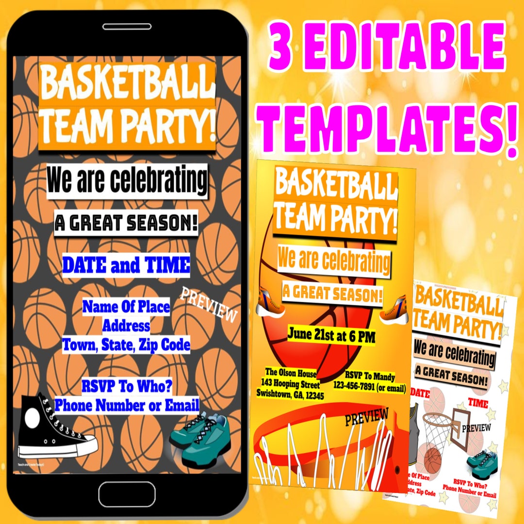 Basketball Team Party Invitations Three Personalized Editable Templates ...
