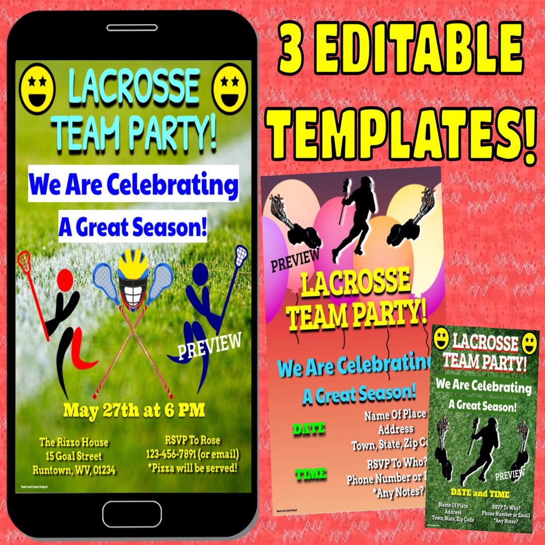 Lacrosse Team Party Invitations- Three Personalized Editable Templates ...