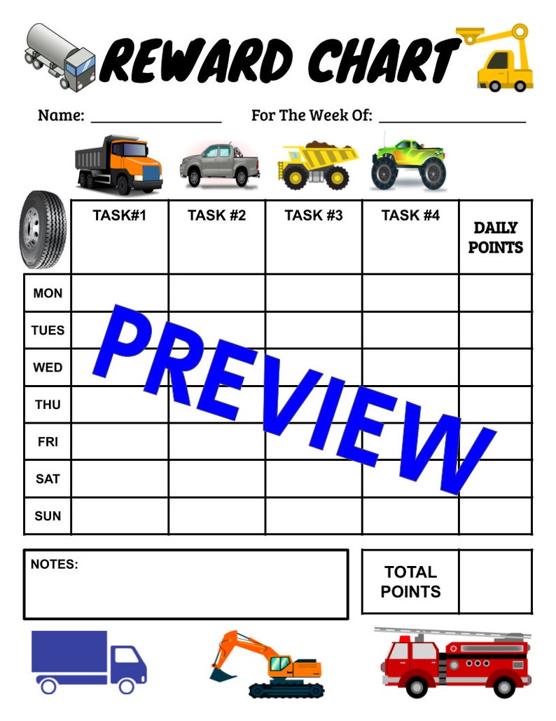 Weekly Reward Chart TRUCKS Theme Motivate Kids With Chores and Good ...
