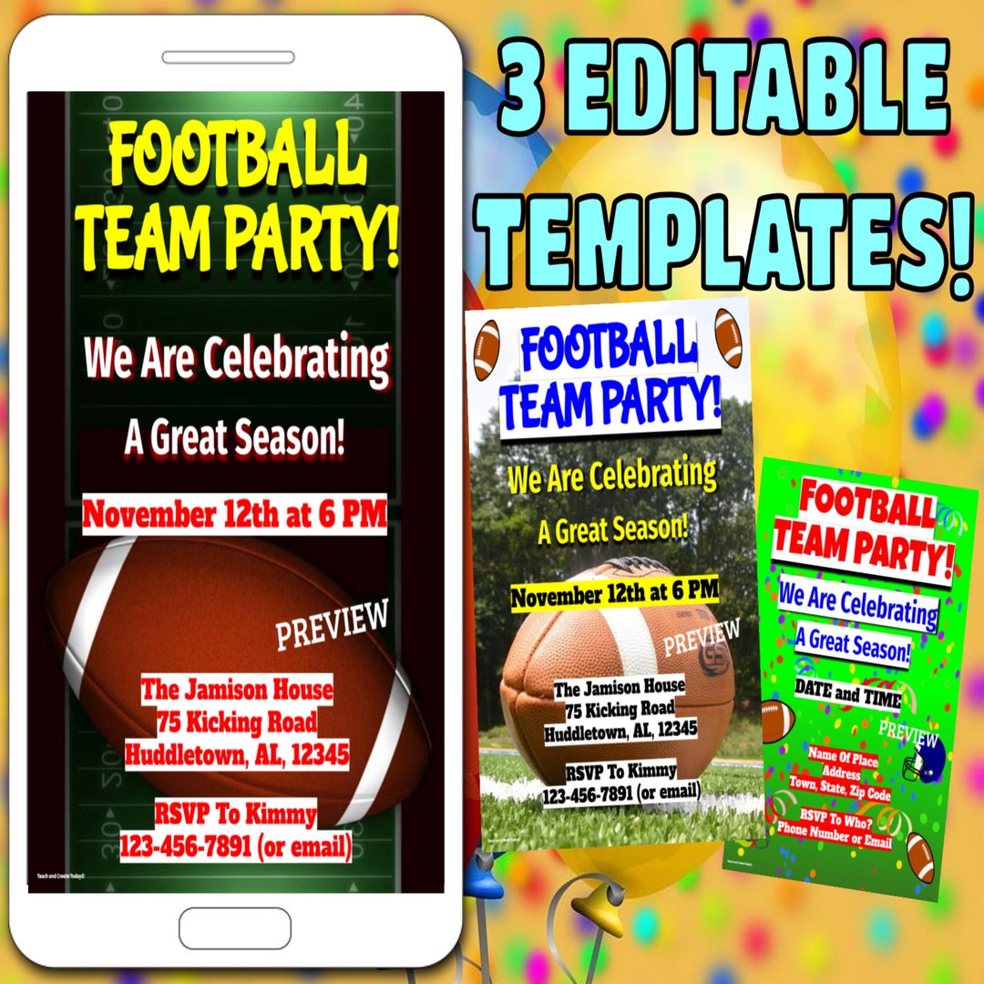 Football Team Party Invitations Three Personalized Editable Templates ...