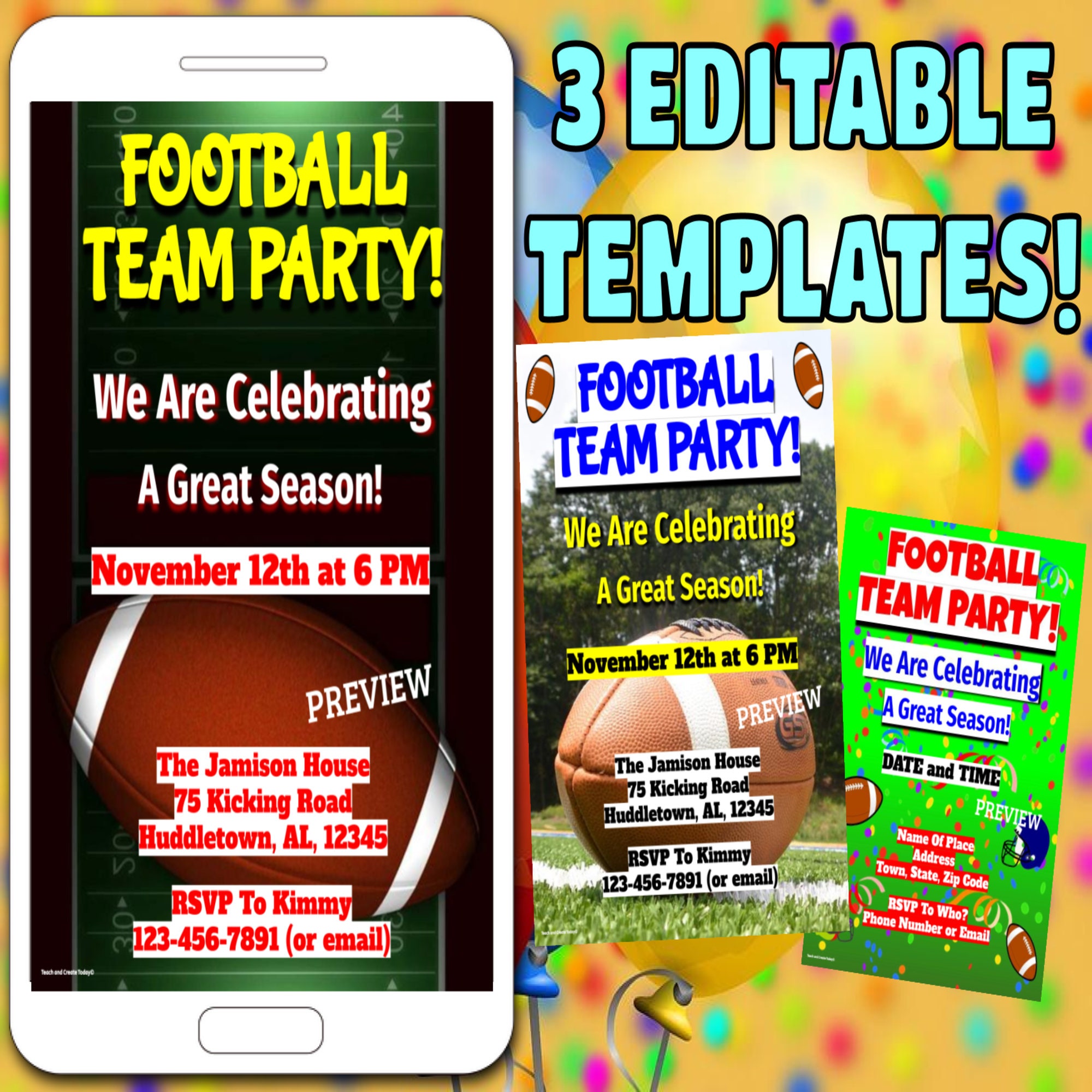 Football Team Party Invitations Three Personalized Editable Templates ...