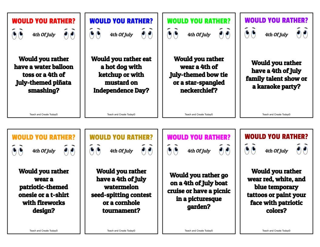 Would You Rather Cards-4th of July Edition! Printable 100+ Questions ...