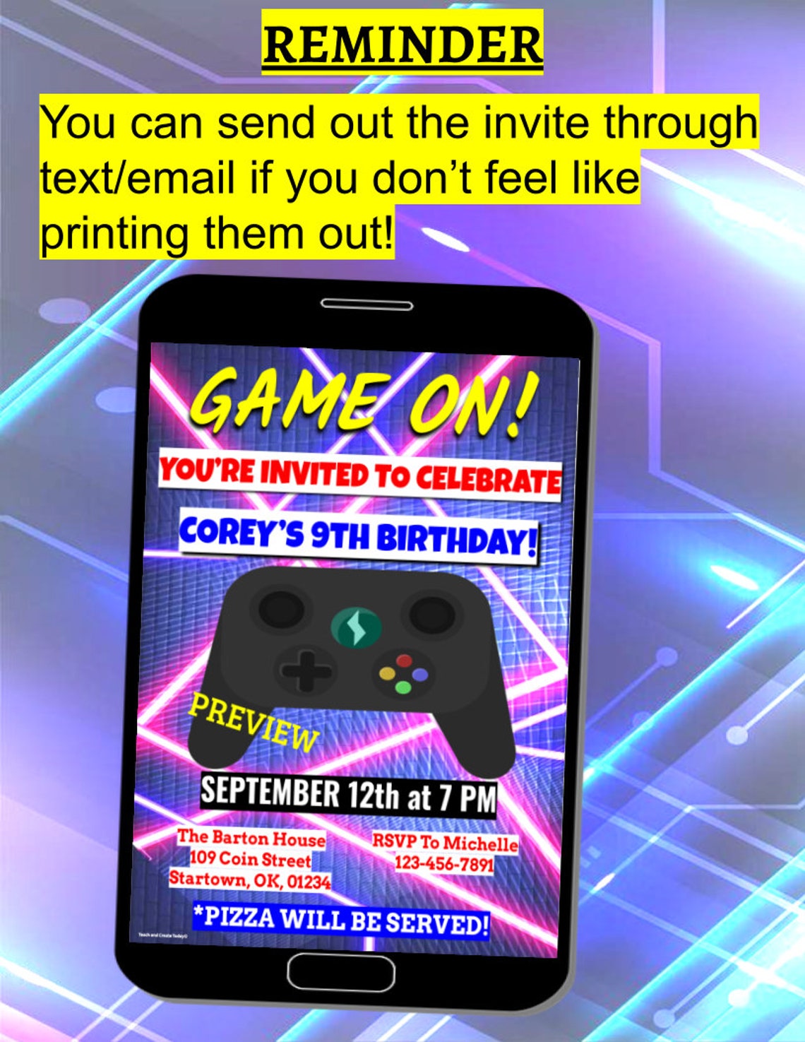 Gaming Birthday Party Invitations Three Personalized Editable Templates ...