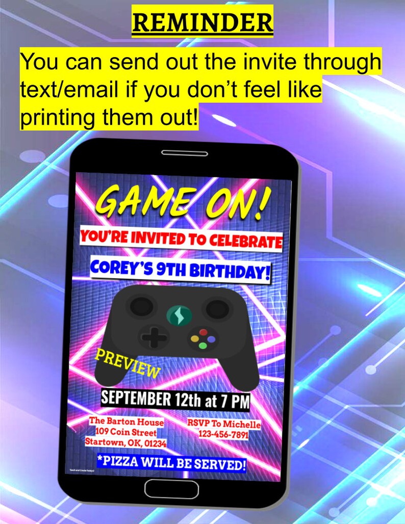 Gaming Birthday Party Invitations Three Personalized Editable Templates ...