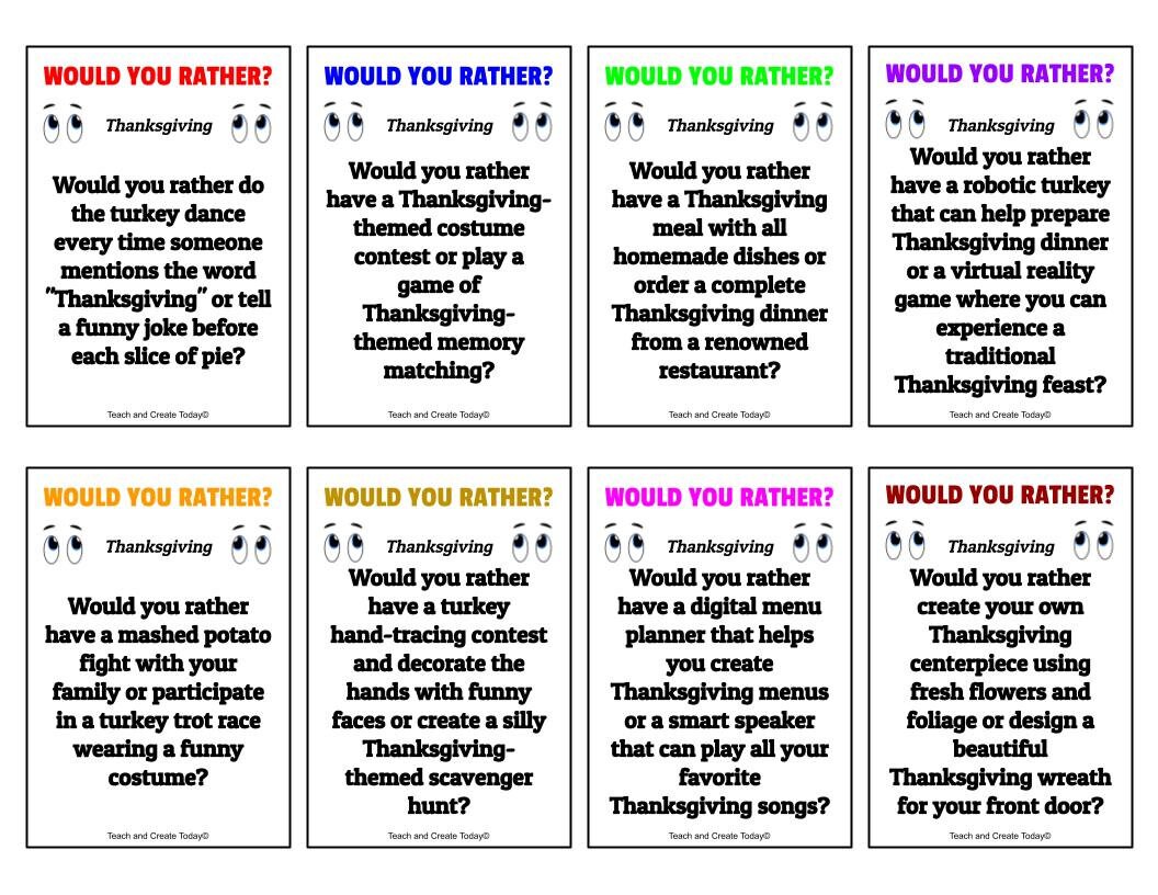 Would You Rather Cards-thanksgiving Edition! Printable 100+ Questions ...