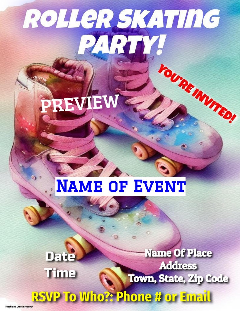 Roller Skating Birthday Party Invitations- Three Personalized Editable ...