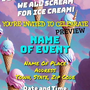 Ice Cream Birthday Party Invitations- Three Personalized Editable ...