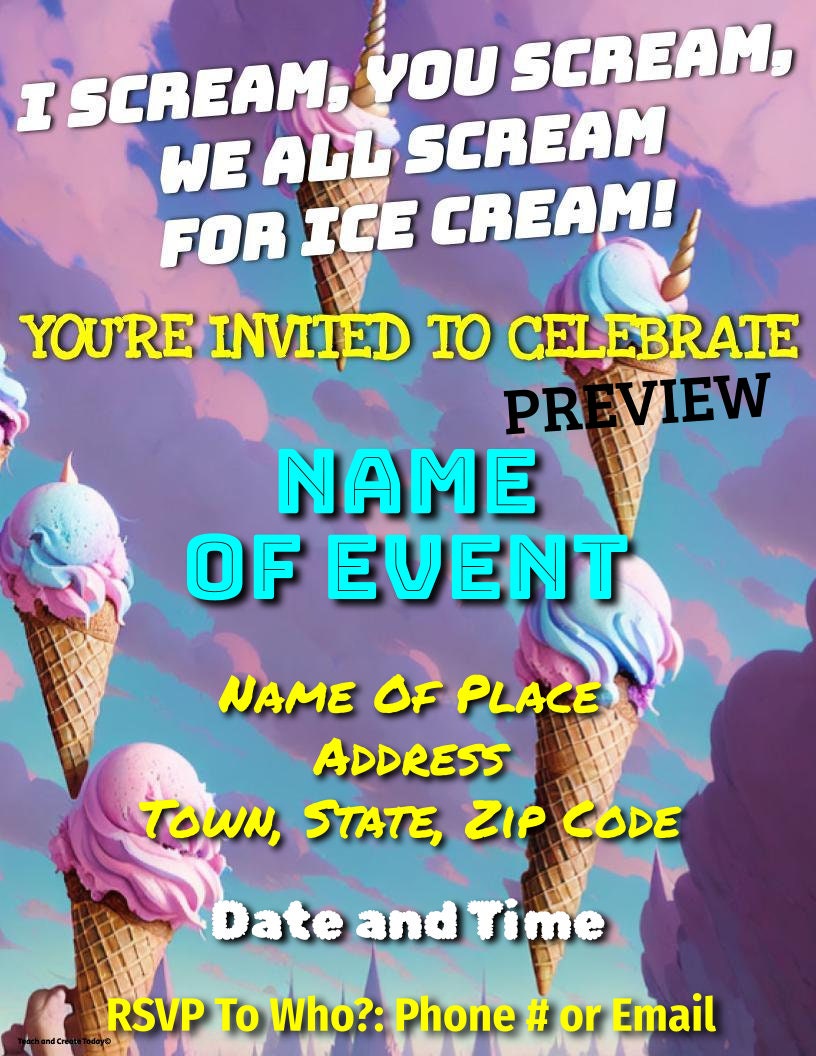 Ice Cream Birthday Party Invitations Three Personalized Editable ...