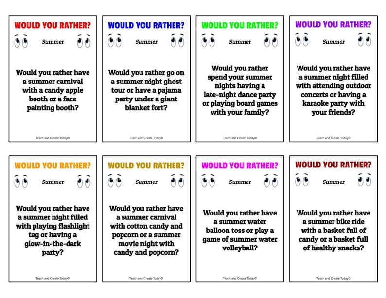 Would You Rather Cards Summer Edition Printable 100 Questions for ...