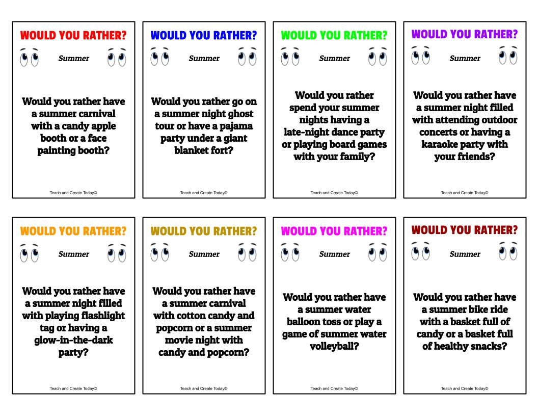 Would You Rather Cards - Summer Edition! Printable 100+ Questions for ...
