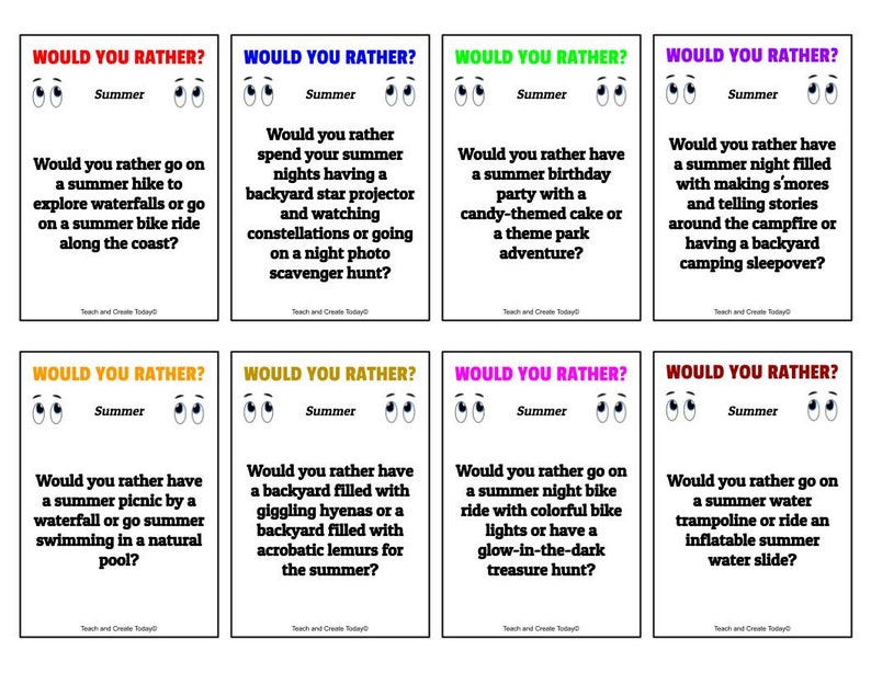 Would You Rather Cards Summer Edition Printable 100 Questions for ...