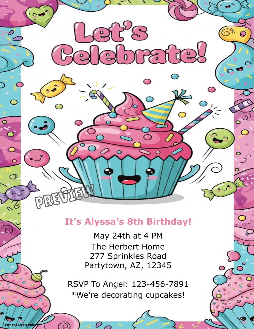 Editable Cupcake Birthday Party Invitation: Printable Digital Template ...