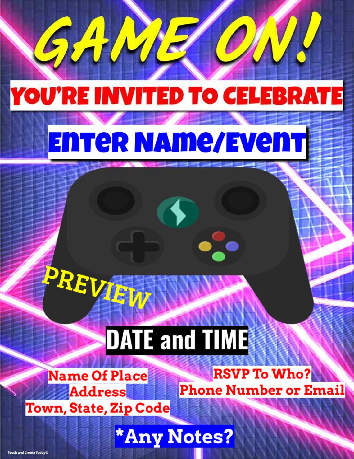 Gaming Birthday Party Invitations Three Personalized Editable Templates ...