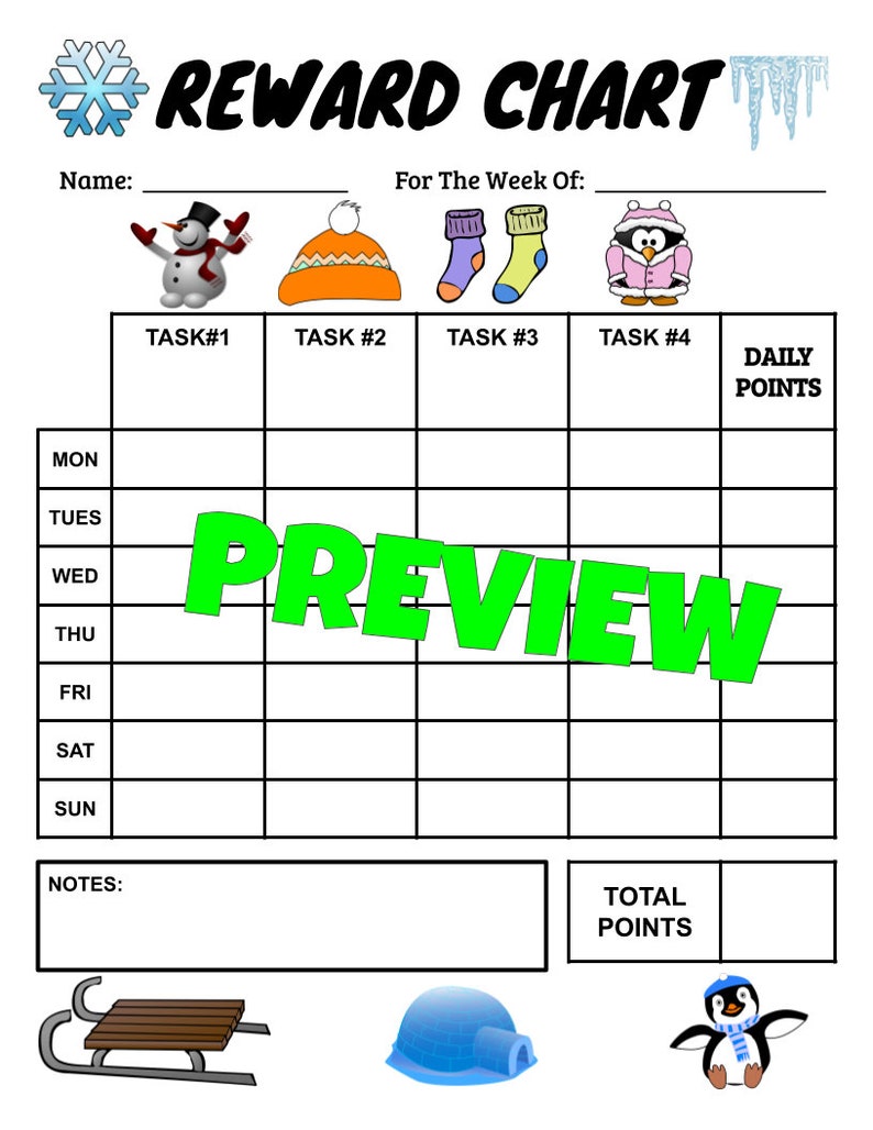 Weekly Reward Chart WINTER Theme Motivate Kids With Chores - Etsy
