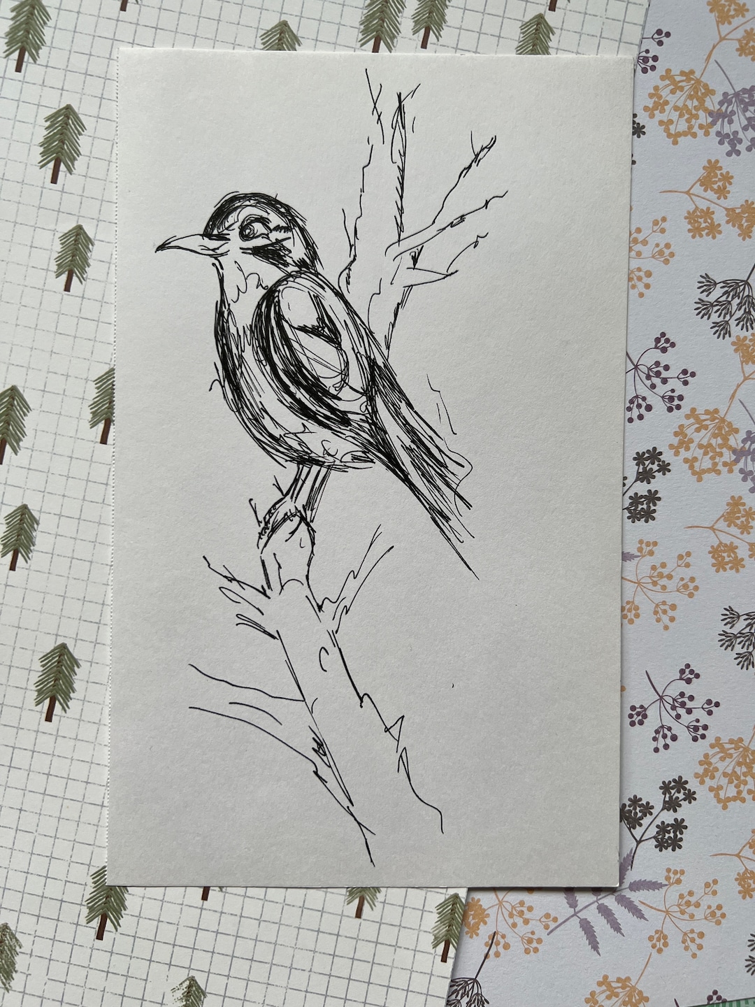 Hand Drawn Black Pen Ink Bird Drawing - Etsy