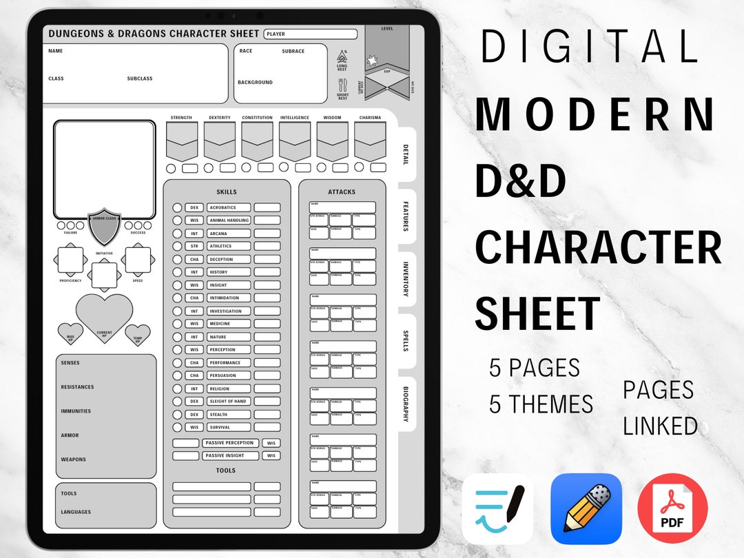 Modern D&D Character Sheet Digital Download Dungeons and Dragons ...