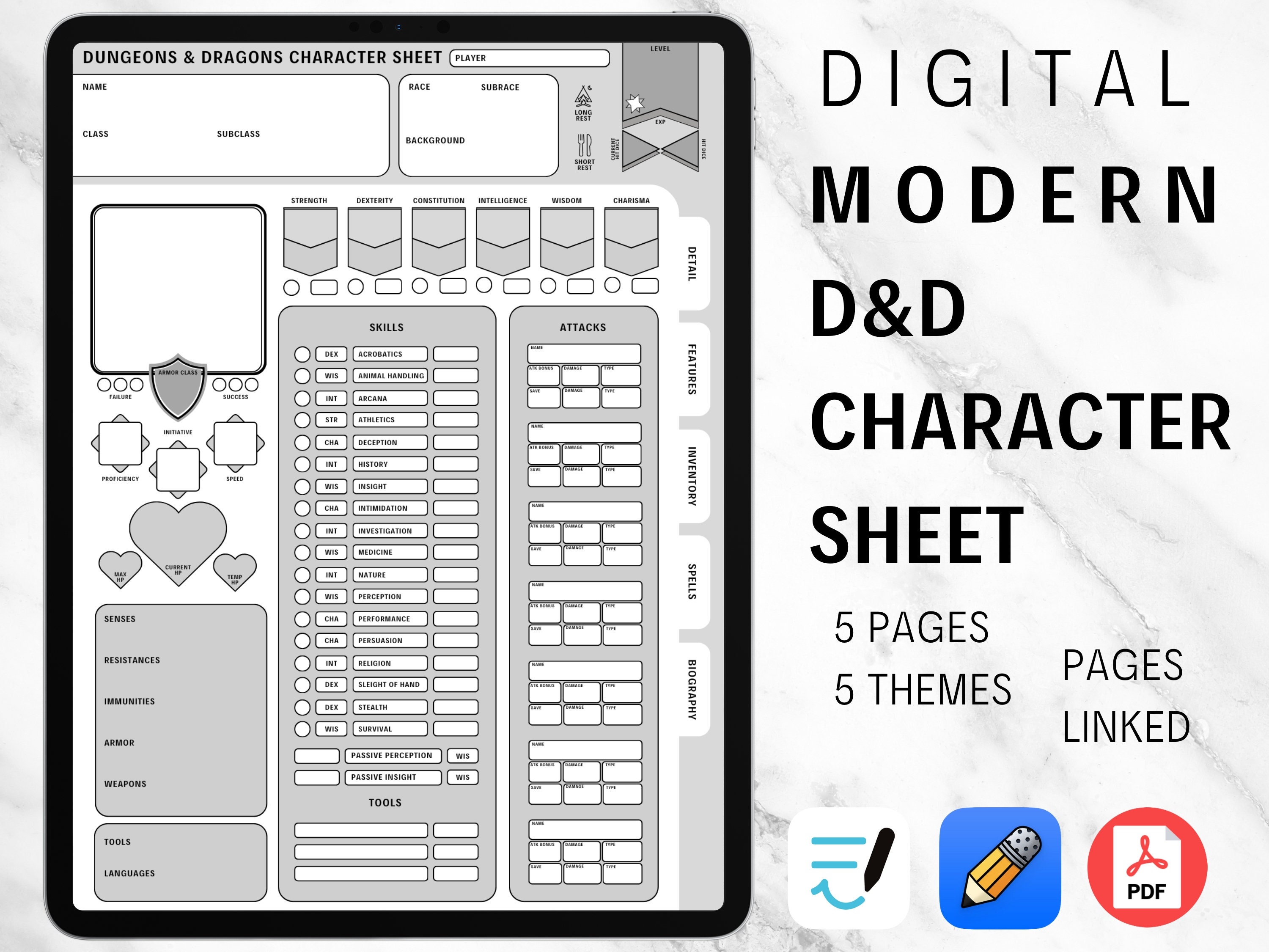 Modern D&D Character Sheet Digital Download Dungeons and Dragons ...
