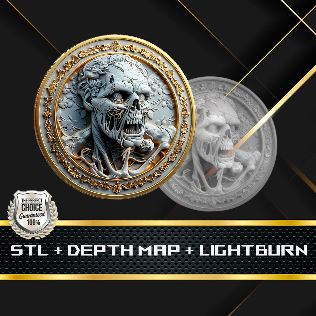 3D Zombie Coin Depth Map: 3D Embossing Laser Engrave STL and Heigth Map ...