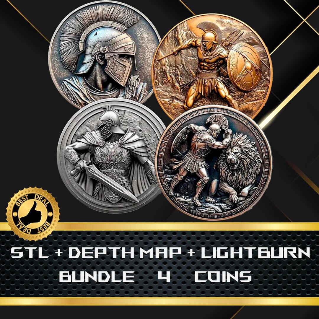 4x Gladiators Coins Depth Map: 3D Embossing Laser Engrave STL and ...