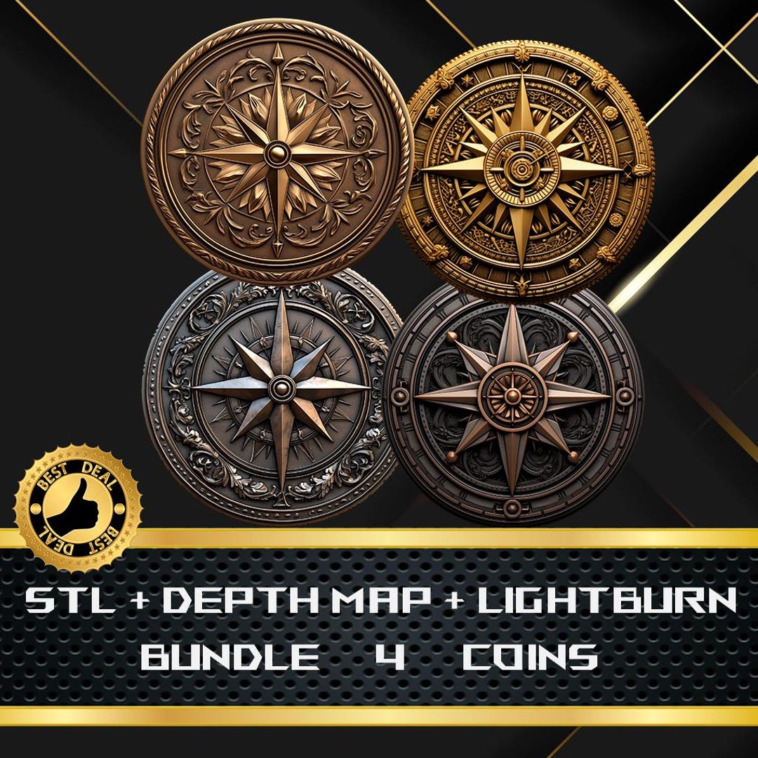 4x Compass Coin Depth Map and STL File, 3D Relief for Laser Engraving ...