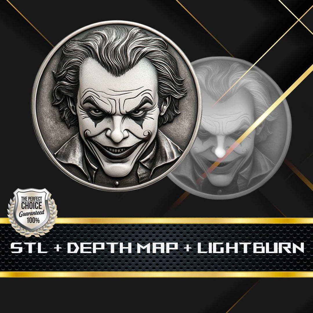 Clown Face Coin Depth Map and STL File, 3D Relief for Laser Engraving ...