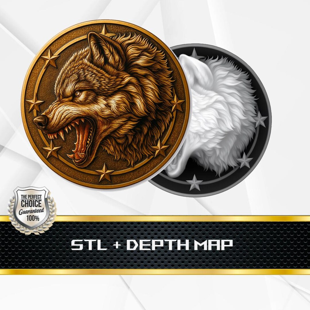 Wolf Coin 3D Laser Engrave Depth Map: STL, Lightburn BMP (digital File ...