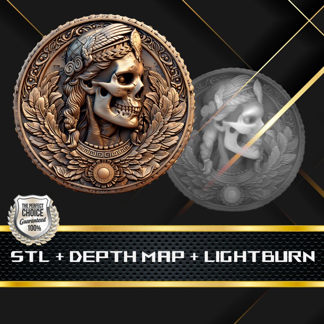 Lady Skull Coin Depth Map and STL File, 3D Relief for Laser Engraving ...