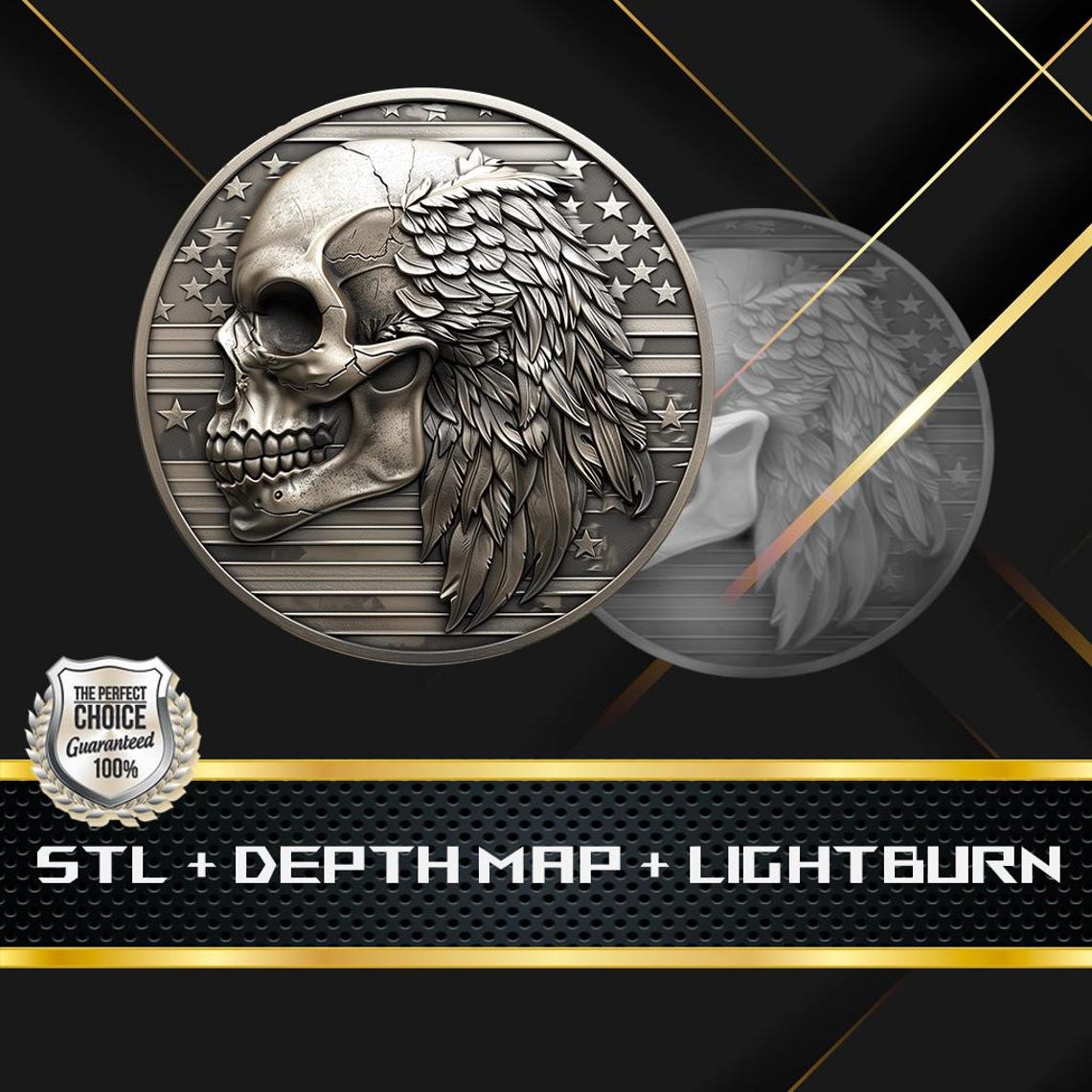 Skull Wings Coin Depth Map: 3D Embossing Laser Engrave STL and Heigth ...