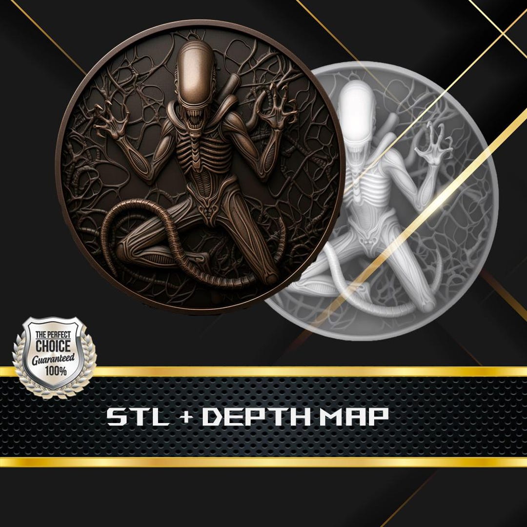 Xenomorph Coin Tiefenkarte: 3D Präge Lasergravur STL und Heigth Map ...