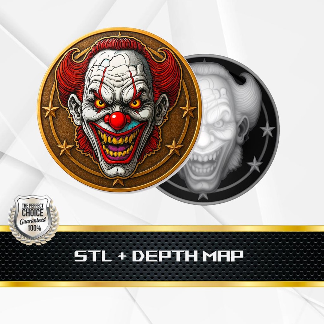 3D Clown Coin Depth Map: Laser Engrave Files (STL, Lightburn BMP, PNG ...