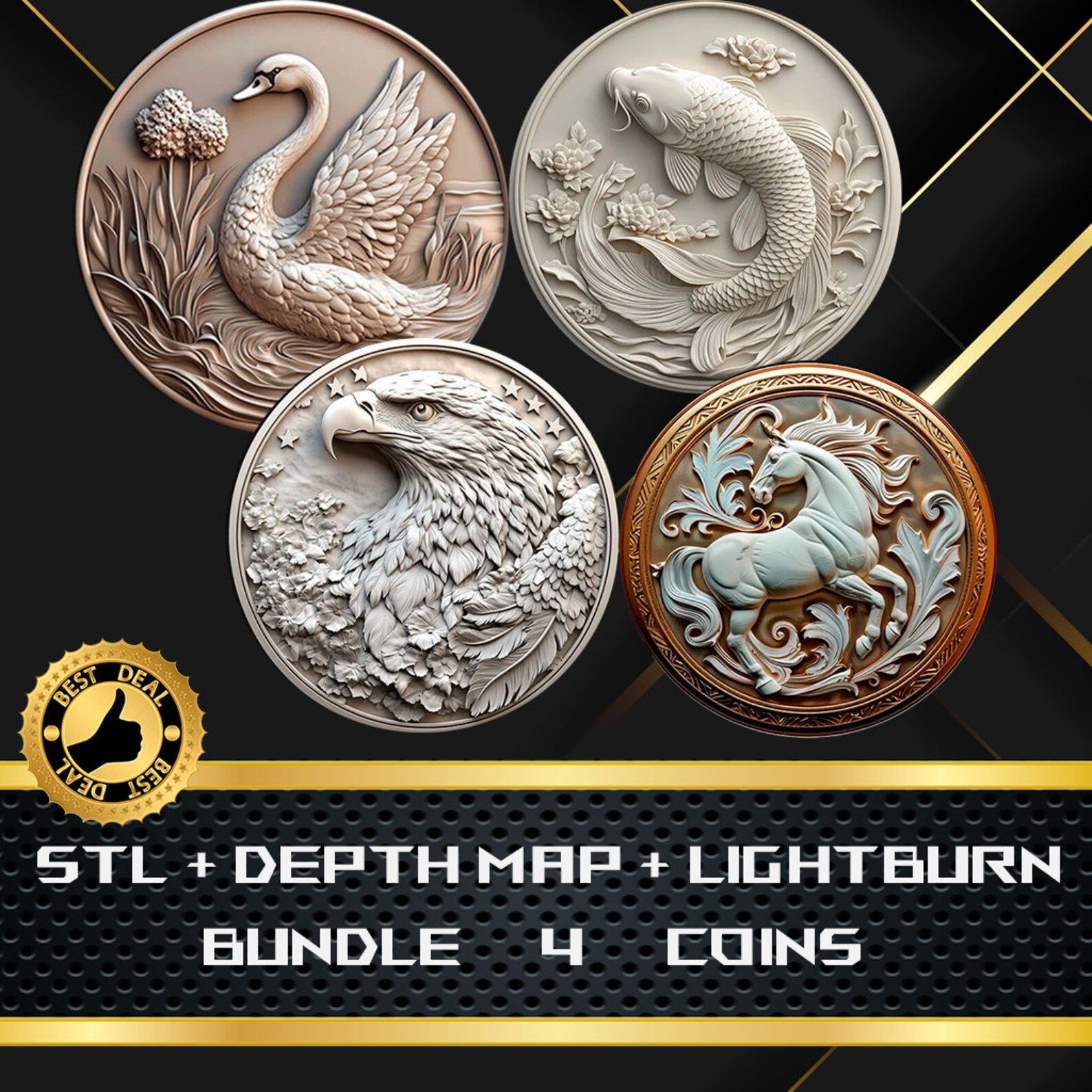 4x Wildlife Coin Depth Map: 3D Embossing Laser Engrave STL and Heigth ...