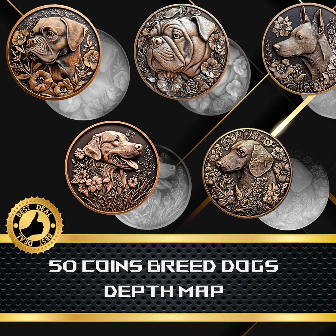 50x Floral Dogs Breeds Coin Depth Map and STL File, 3D Relief for Laser ...