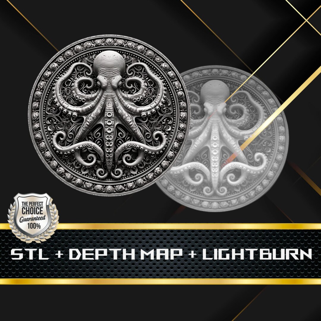 Octopus Coin Depth Map: 3D Embossing Laser Engrave STL and Heigth Map ...