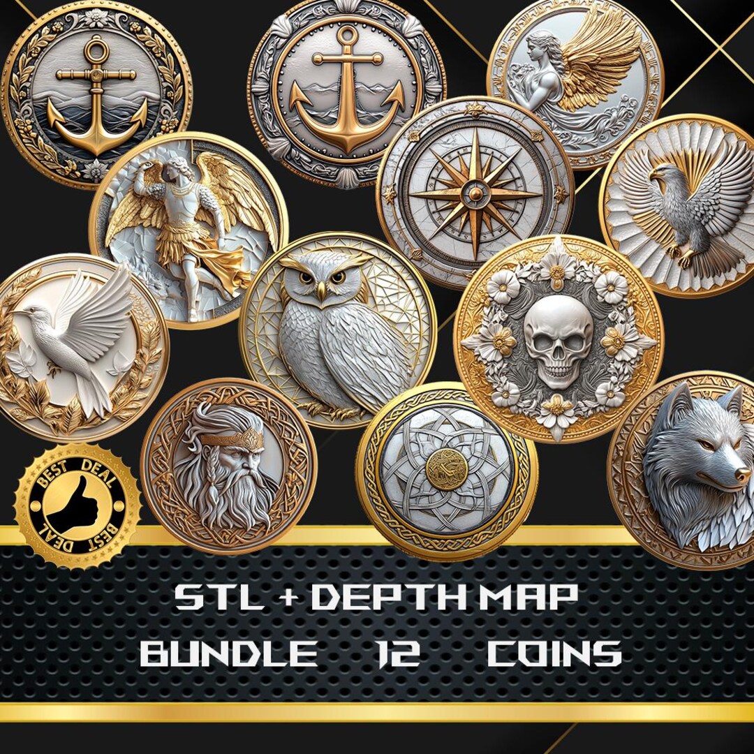 12x Coin Depth Map: 3D Embossing Laser Engrave STL and Heigth Map Files ...