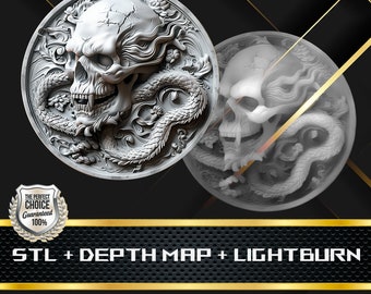 Skull Dragon Coin Depth Map: 3D Embossing Laser Engrave STL and Heigth ...