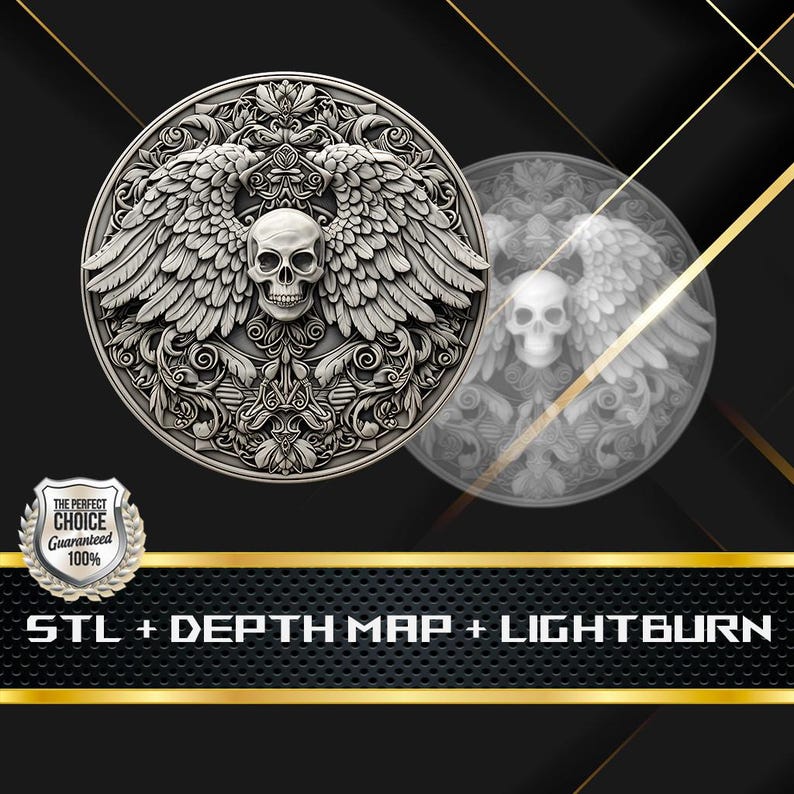 Skull With Wings Coin Depth Map and STL File, 3D Relief for Laser ...
