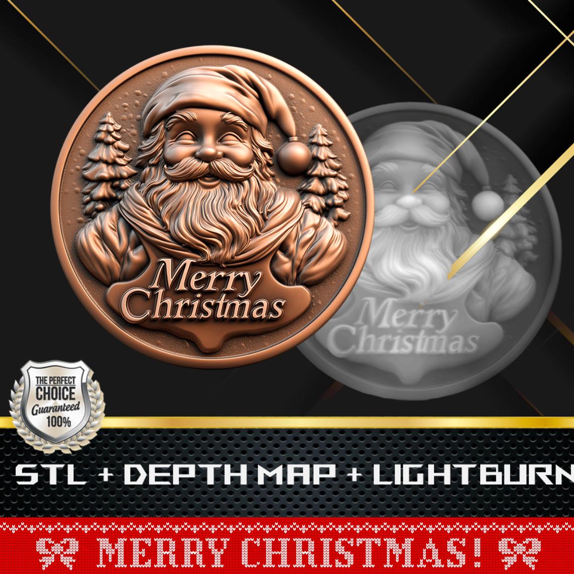 Santa Claus Coin 3D Laser Engrave File: Depth Map, STL, Lightburn BMP ...