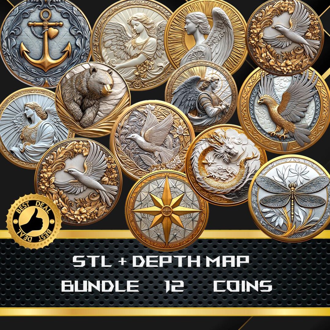 12x Coins Depth Map: 3D Embossing Laser Engrave STL and Heigth Map ...