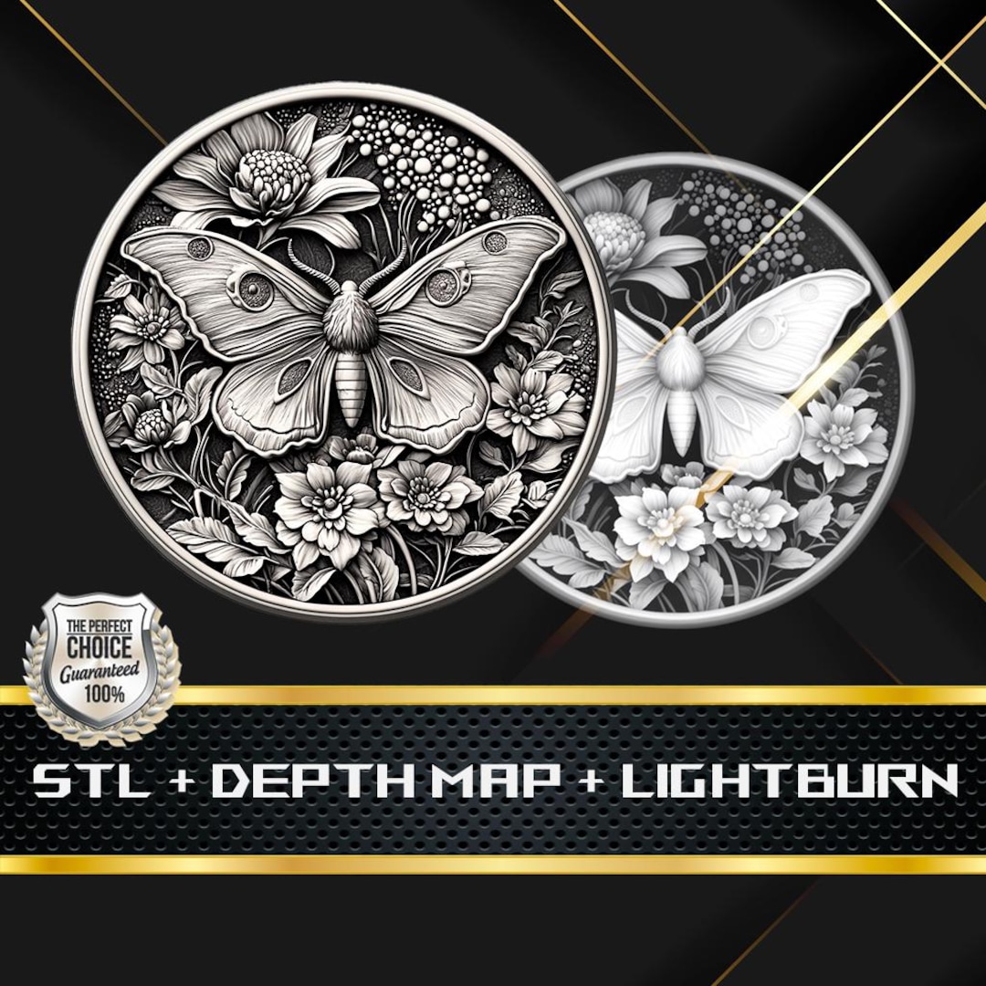 Moth Coin Depth Map: 3D Embossing Laser Engrave STL and Heigth Map ...