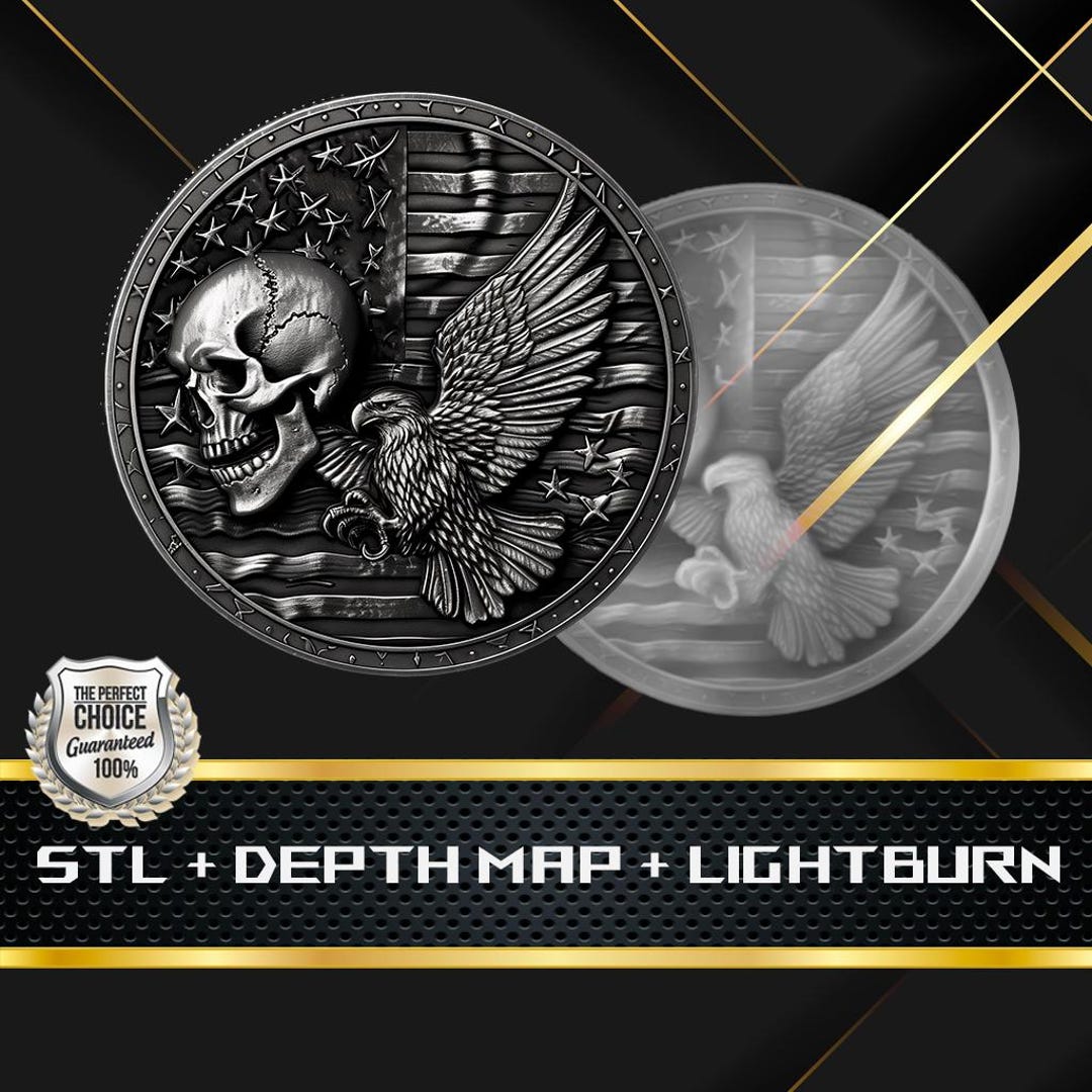 Winged Skull Coin Depth Map: 3D Embossing Laser Engrave STL and Heigth ...