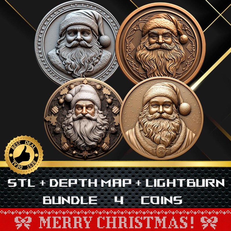 4x Santa Coin Depth Map: 3D Embossing Laser Engrave STL and Heigth Map ...