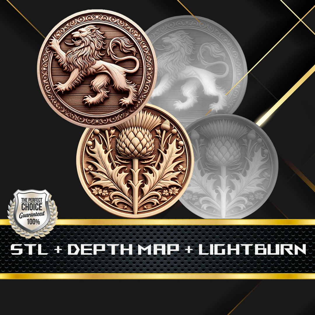 Scottish Lion & Thistle Coin Depth Map: 3D Embossing Laser Engrave STL ...