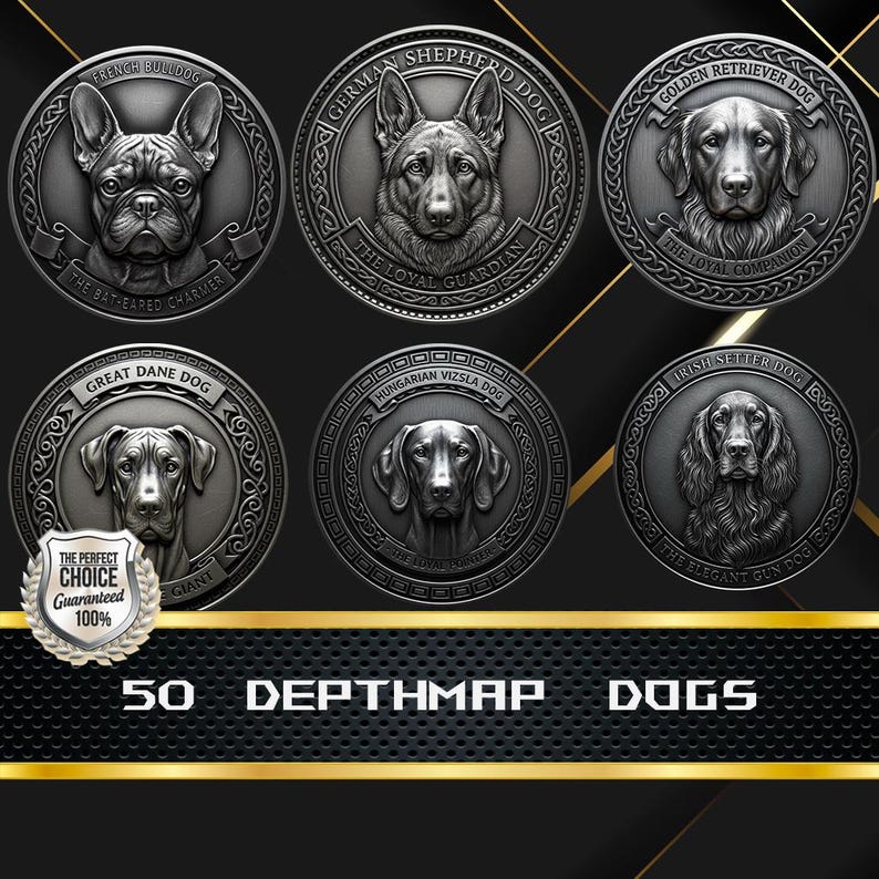 50x Best of Dogs Breeds Coin Depth Map and STL File, 3D Relief for ...
