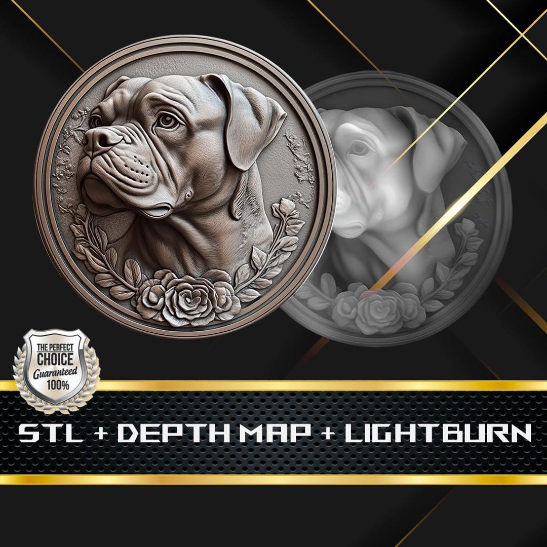 Boxer Dog Coin Depth Map and STL File, 3D Relief for Laser Engraving ...