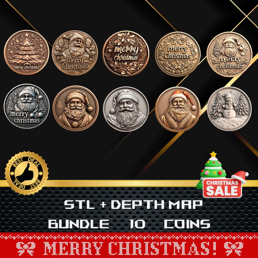 10x Christmas Coin Depth Map: 3D Embossing Laser Engrave STL and Heigth ...